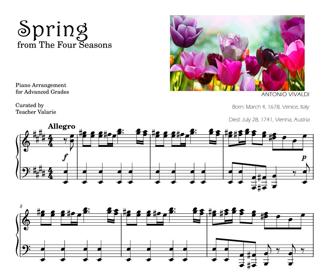 Spring, From the Four Seasons, Piano Sheet Music With Note Names - Etsy