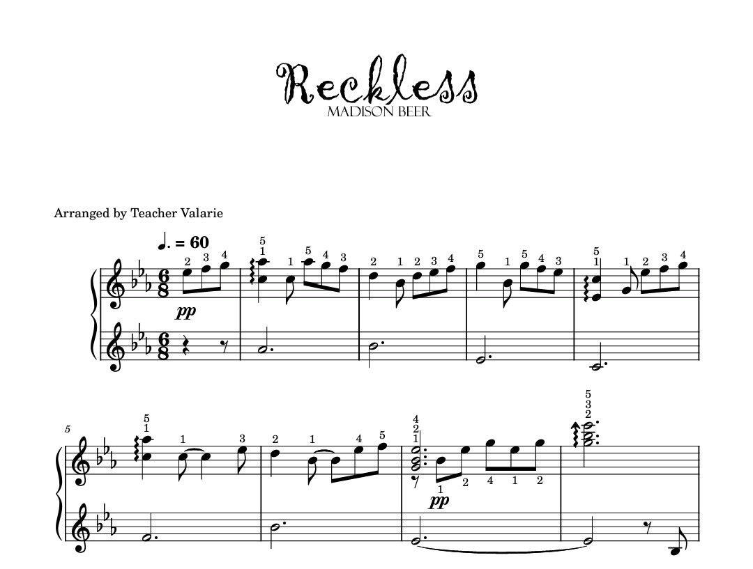 Reckless - Madison Beer | Piano Sheet Music With Note Names for Self ...