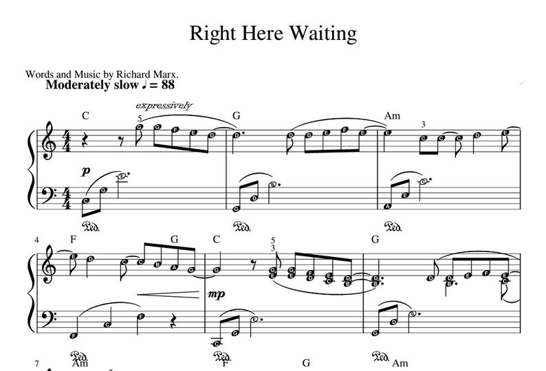 Right Here Waiting Piano Sheet Music Score With Note Names | FREE Voice ...