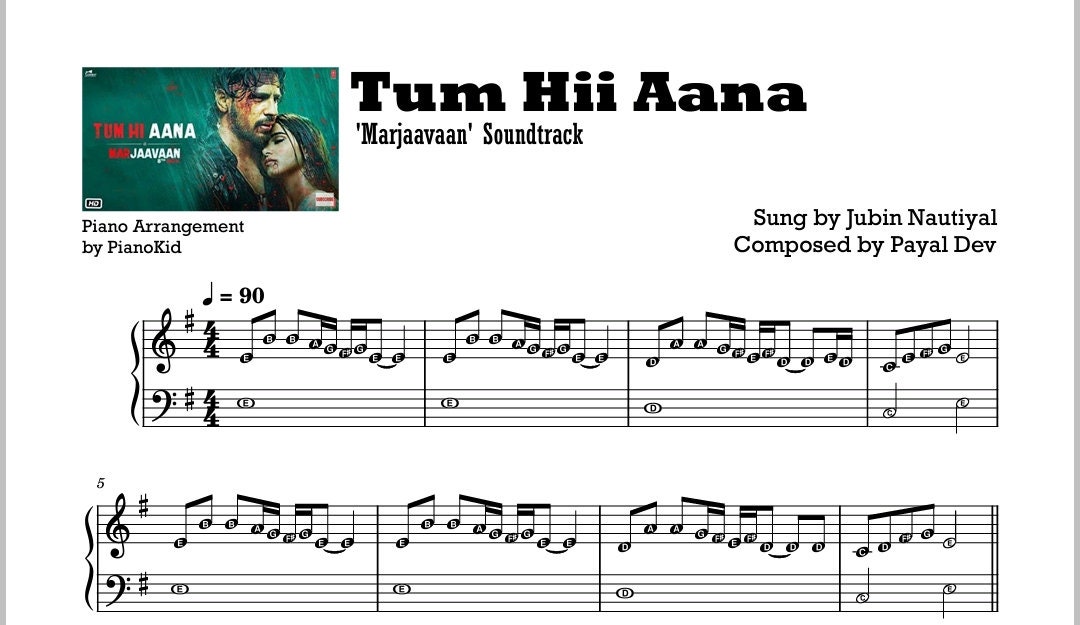 TUM HI AANA | Piano Music Sheet Easy With Note Names Mp3 - Etsy