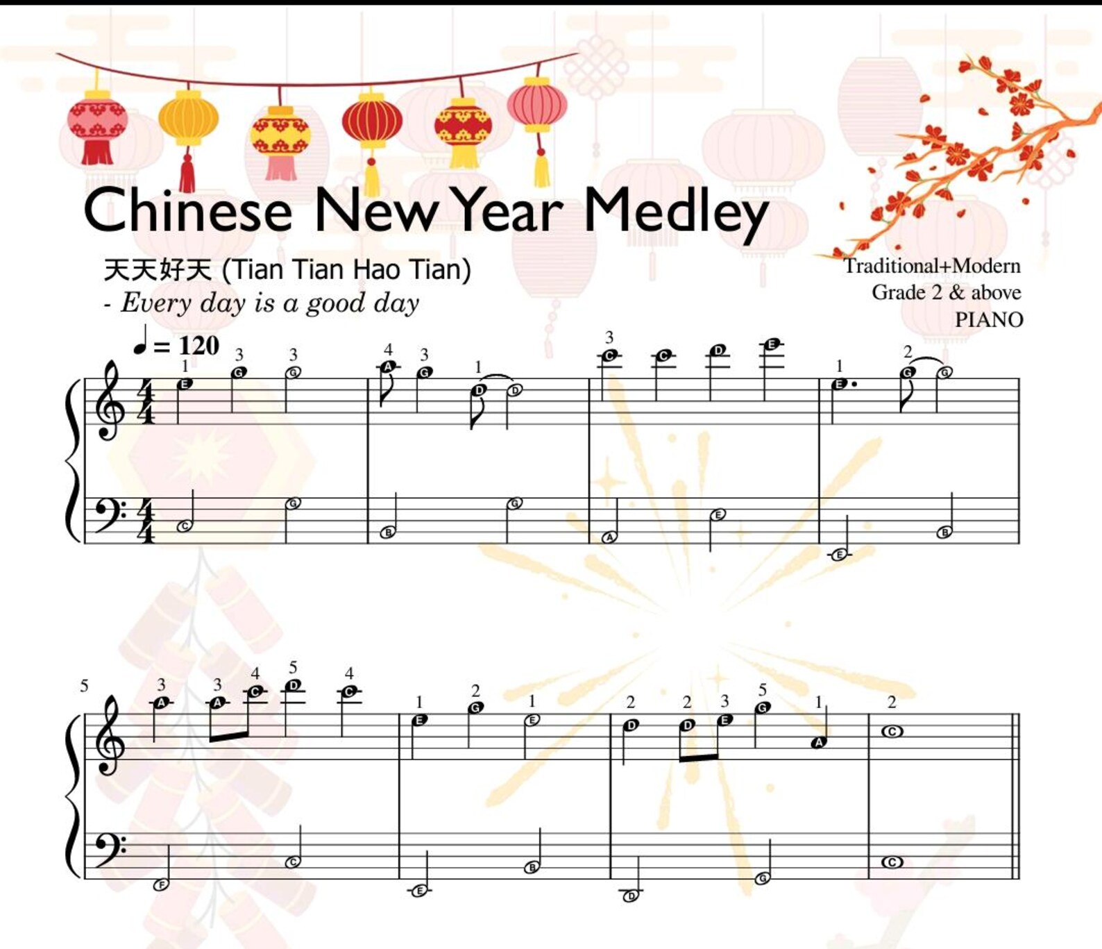 Chinese New Year Songs Medley for Piano Grade 2 Sheet Music Score With ...