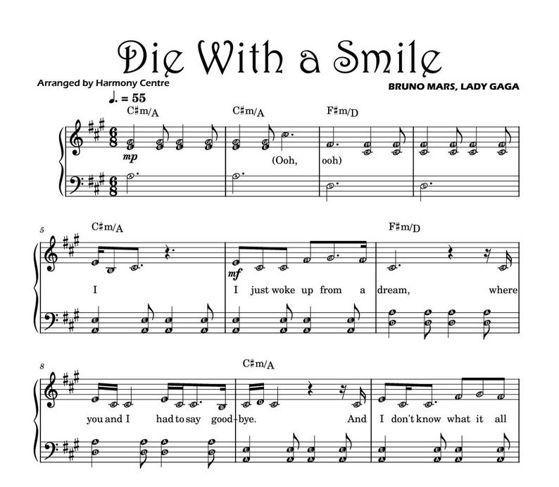 Die With A Smile Piano Sheet Music: Easy Grade 3 (PDF) - Etsy