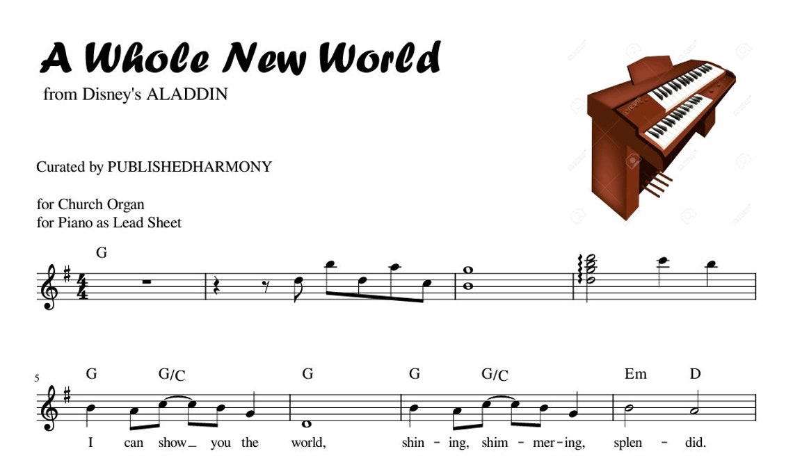 A_whole_new_world Organ Piano Guitar Band Keyboard Sheet Music - Etsy