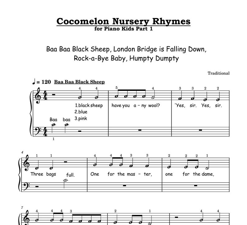 Four Nursery Rhymes for Piano Kids Beginners (baa Baa Black Sheep ...