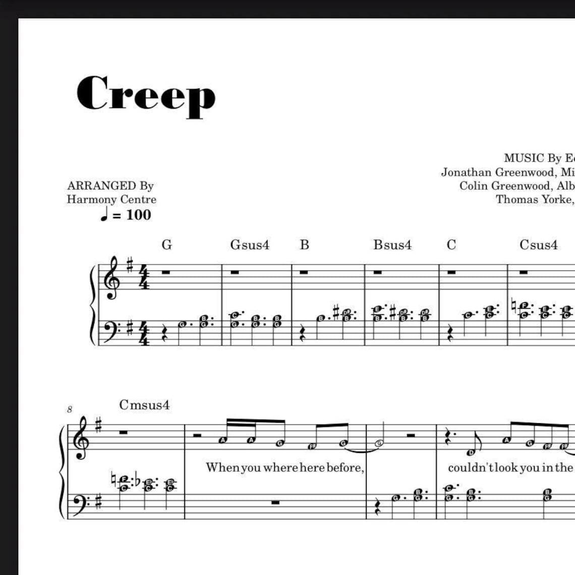 Creep Piano Sheet Music: Radiohead, Easy Intermediate (PDF & MP3) - Etsy