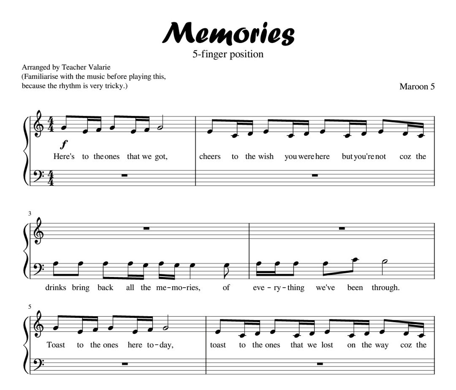 Memories - Maroon 5 | BUNDLE Piano Sheet Music for Grade 1 & Grade 5 - Etsy