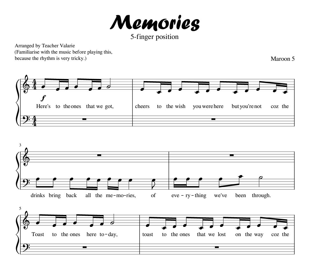 Memories - Maroon 5 Piano Sheet Music: Beginner & Intermediate (PDF ...