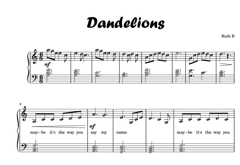DANDELIONS | Easy Piano Sheet Music Score With Note Names | Ruth B ...
