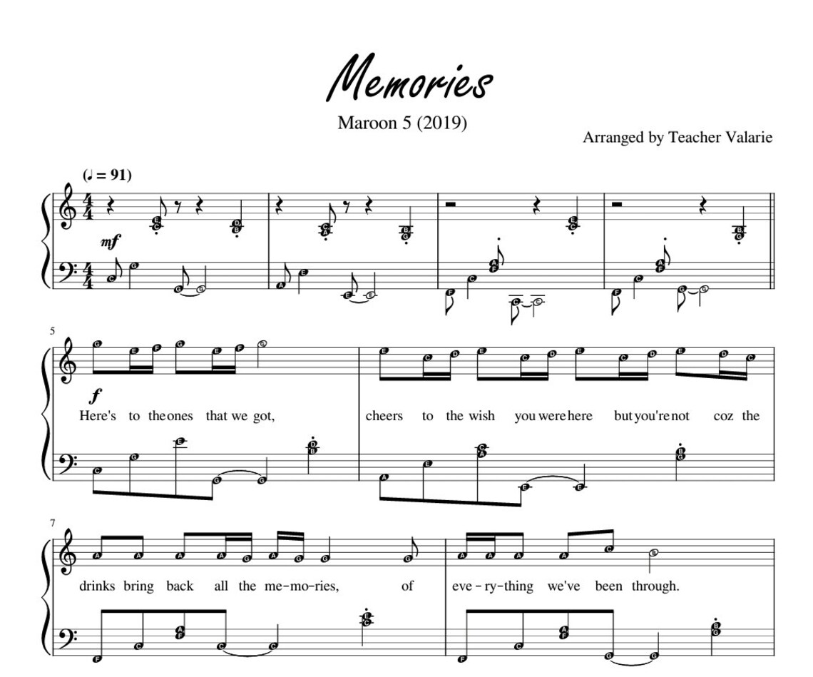 Memories Maroon 5 BUNDLE Piano Sheet Music for Grade 1 & Grade 5 - Etsy