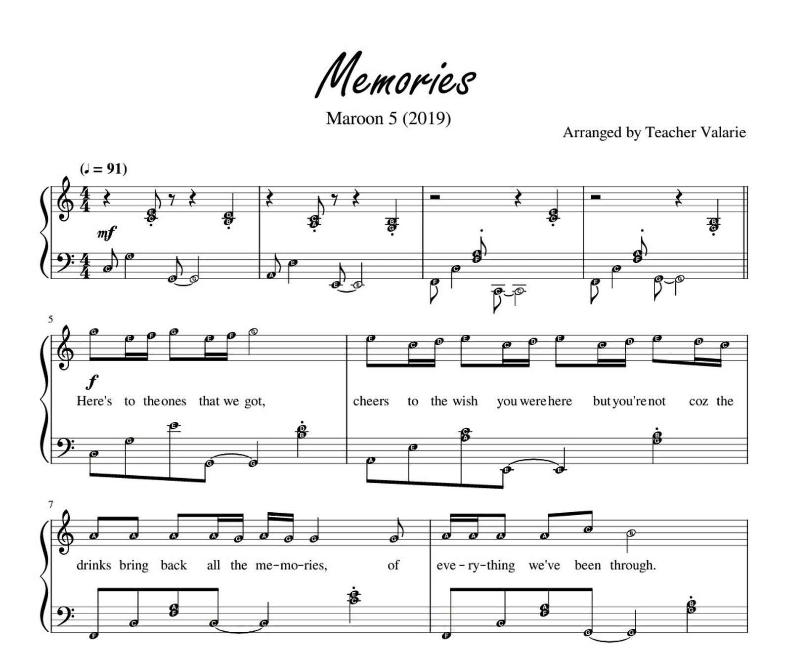 Memories - Maroon 5 | BUNDLE Piano Sheet Music for Grade 1 & Grade 5 - Etsy