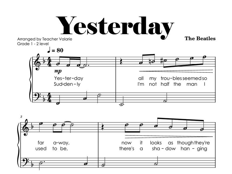 Yesterday | Piano Sheet Music Score With Note Names for Self Learning ...