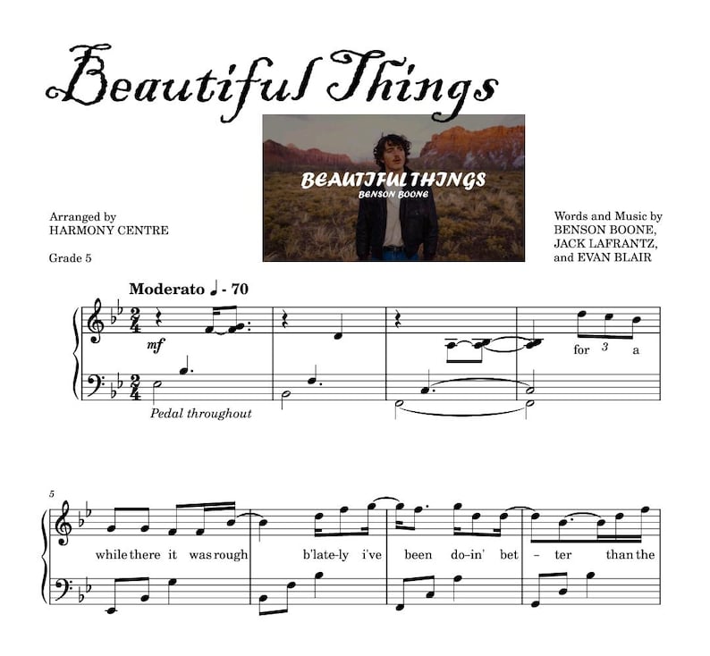 Beautiful Things Piano Sheet Music Score With Note Names & Lyrics G5 - Etsy
