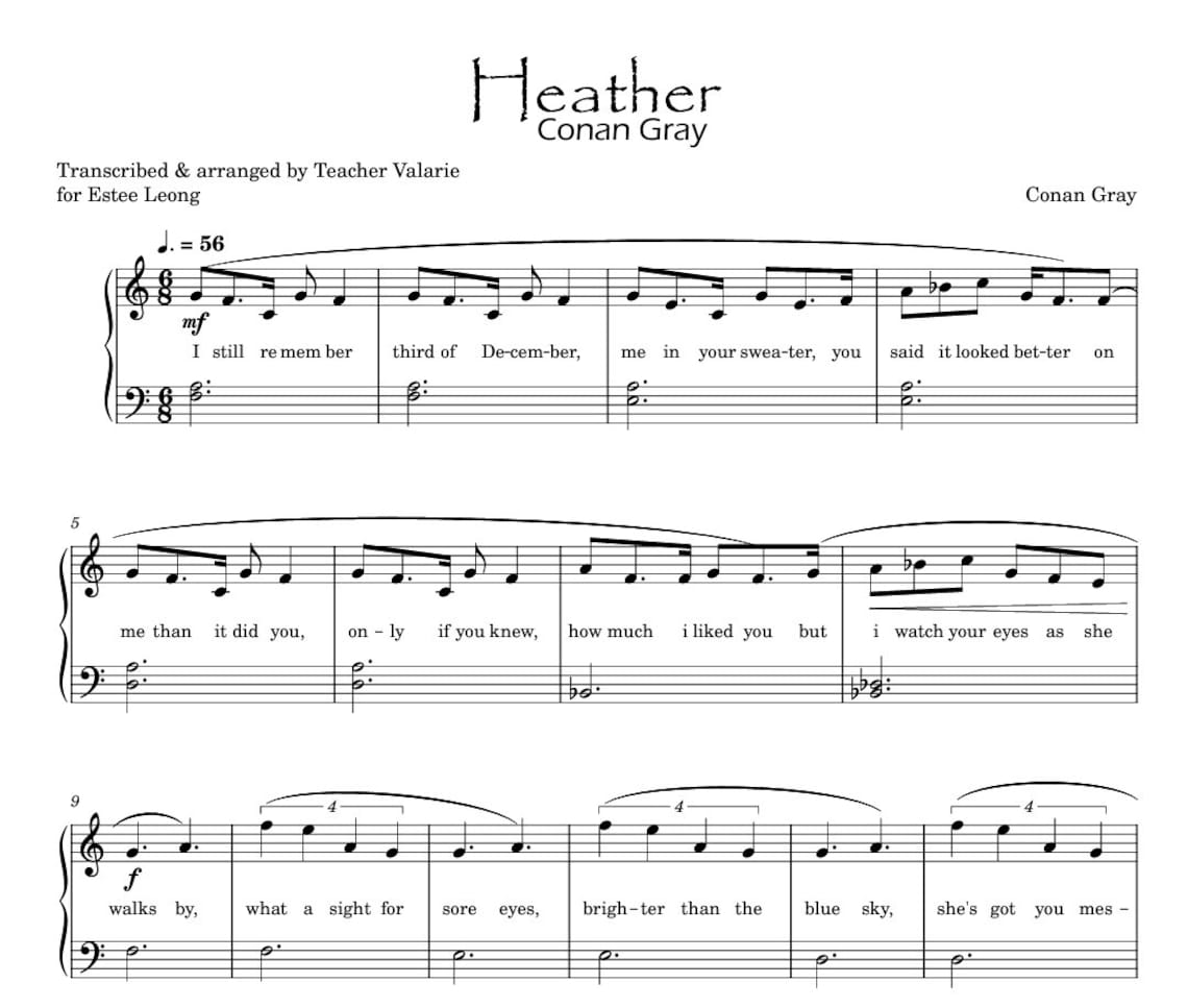 Heather conan Gray Piano Sheet Music Score With Note Names for Grade 1 ...