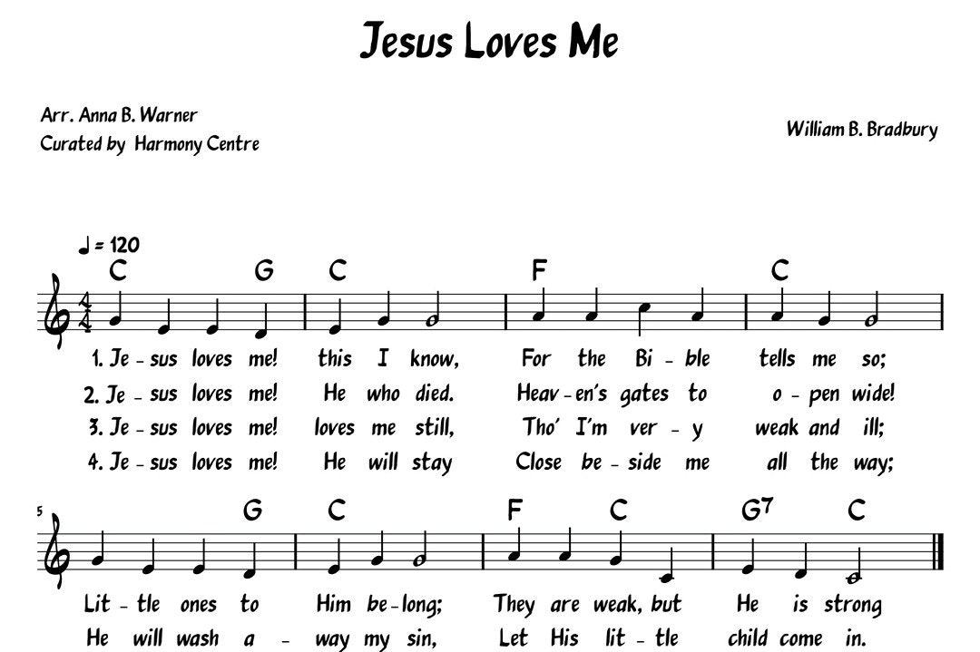 Jesus Loves Me 3 Types Piano Sheet Music Score With Note Names Bundle