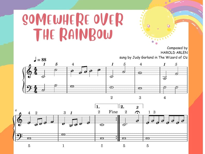 Somewhere Over the Rainbow - Easy Piano Self Learning Series With Note ...