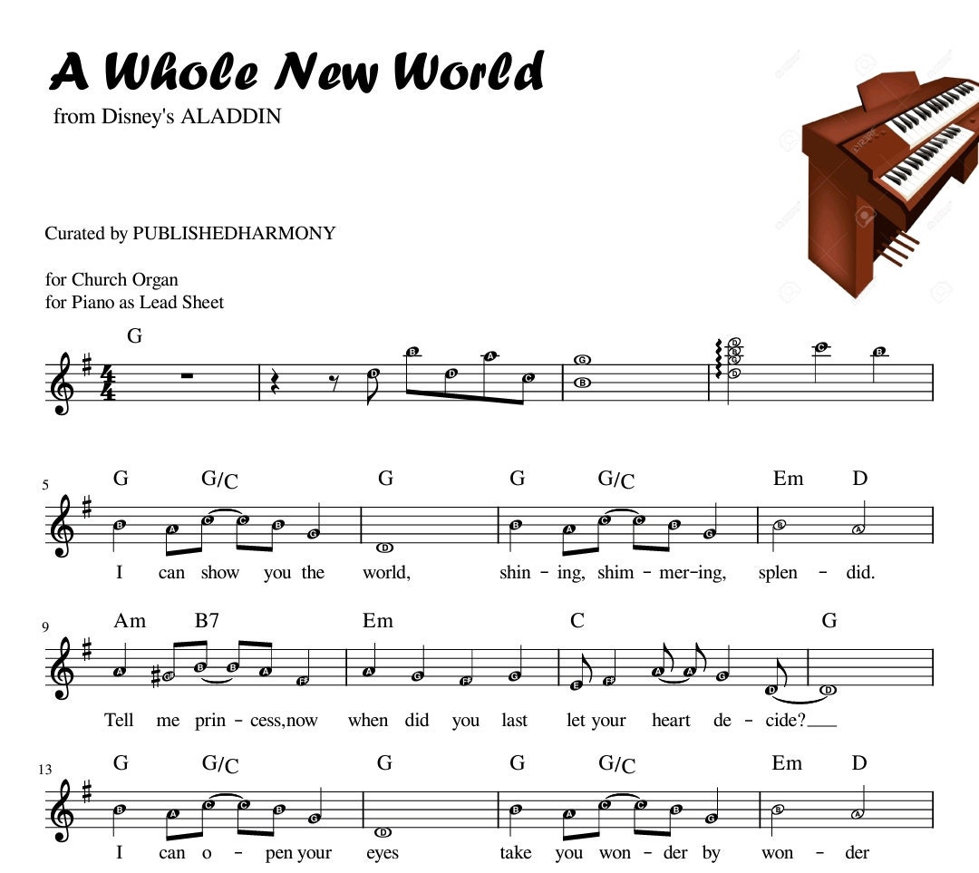 A_whole_new_world | Organ Piano Guitar Band Keyboard Sheet Music - Etsy