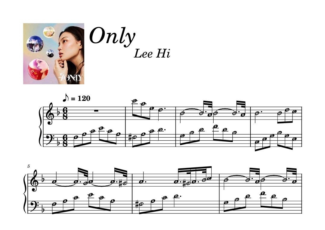 Only - Lee Hi | Piano Sheet Music Score With Note Names Medium ...
