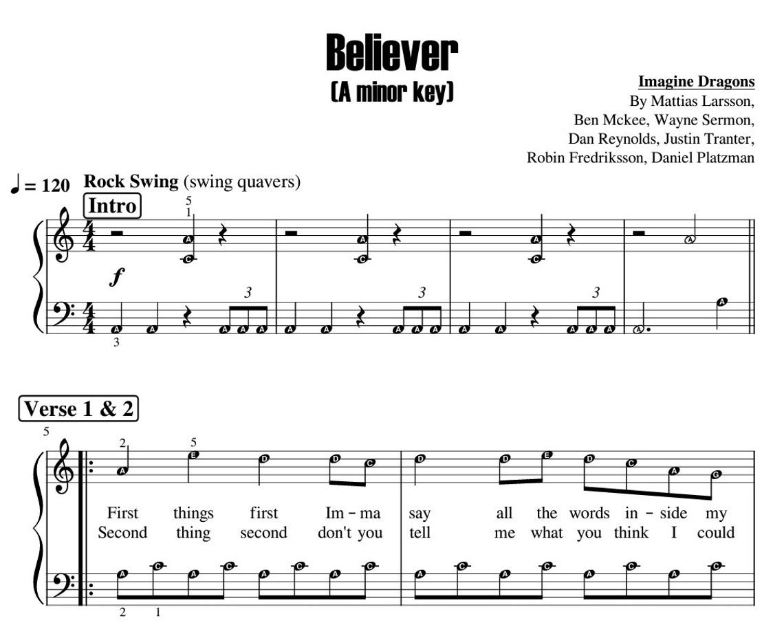 Believer - Imagine Dragons | Piano Sheet Music Instrumental Rock Solo ...