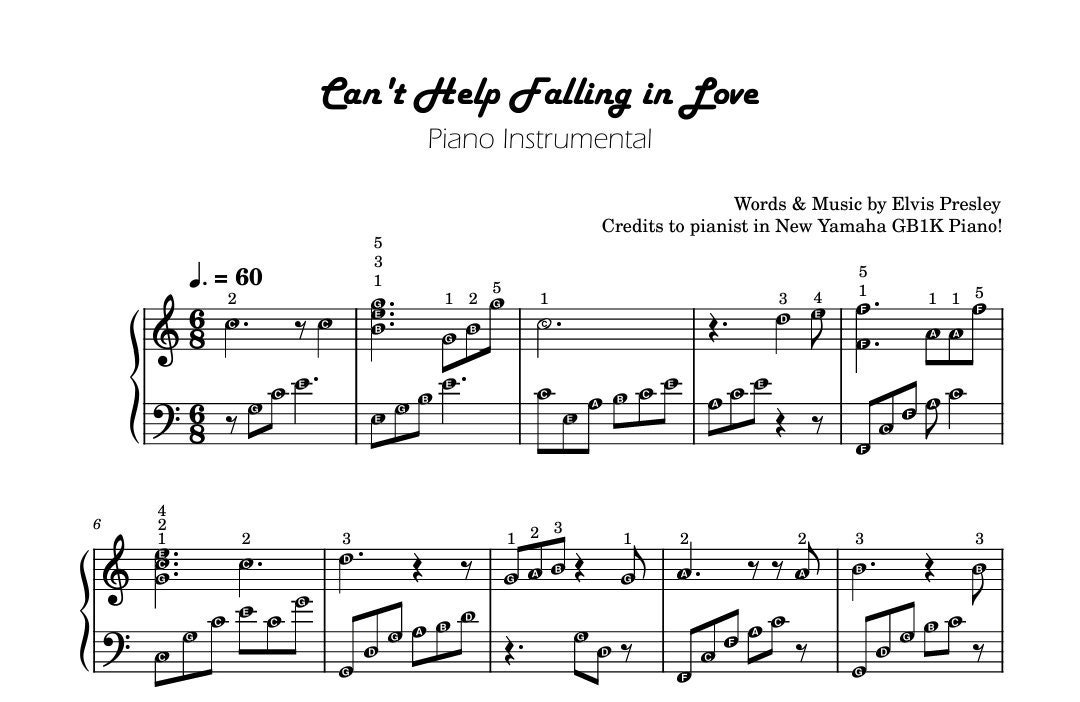 Can't Help Falling in Love | Piano Sheet Music Score With Note Names ...