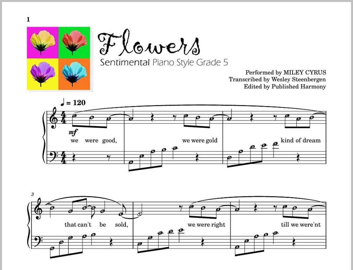 FLOWERS Miley Cyrus | Best Piano Sheet Music Score Grade 5 Intermediate ...