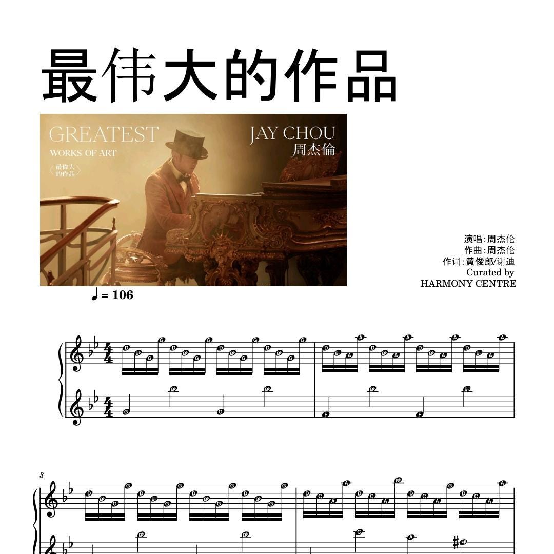 Greatest Work of Art by Jay Chou 最伟大的作品 周杰伦 Piano Sheet Music Score ...