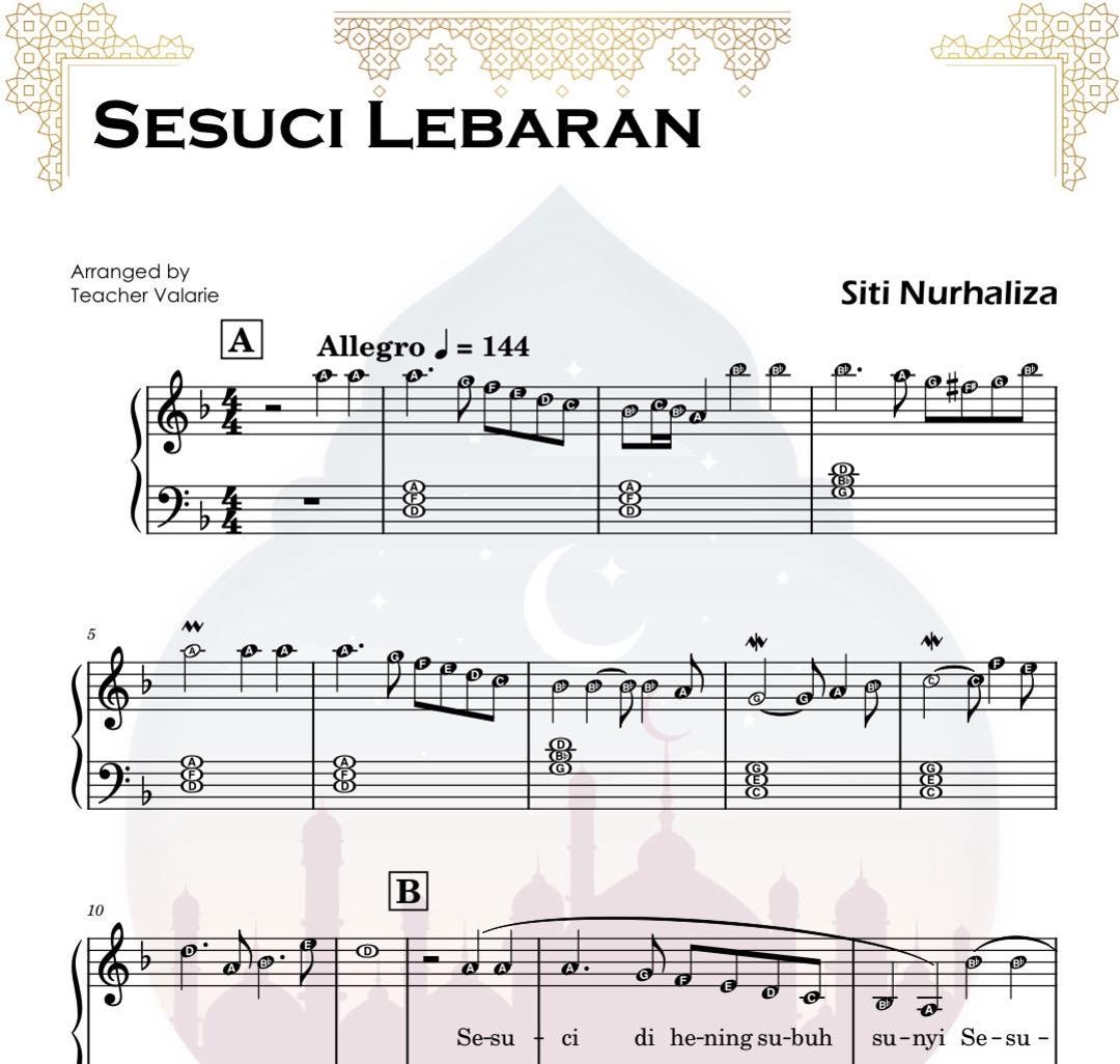 Sesuci Lebaran Siti Nurhaliza Piano Sheet Music Score With Without ABC ...