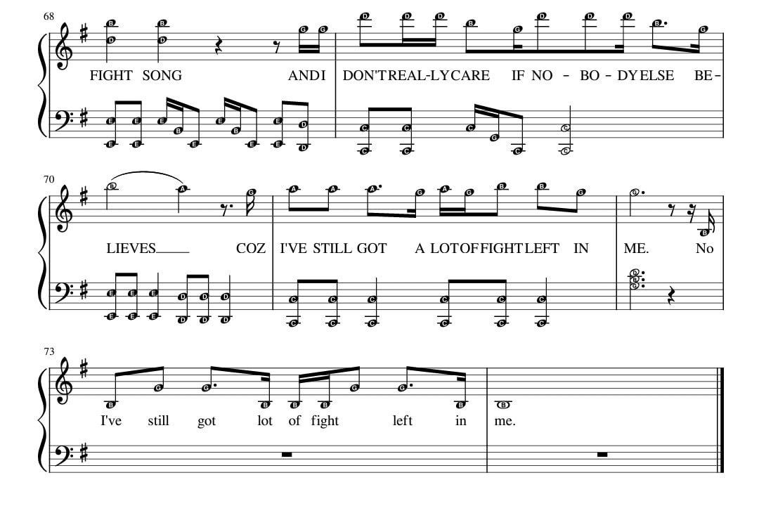 Fight Song | Intermediate Piano Sheet Music Score With Note Names ...