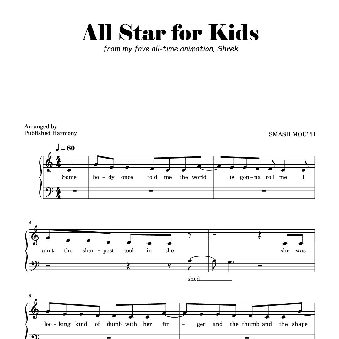 All Star for Kids | Piano Sheet Music Score With Note Names Lyrics Easy ...