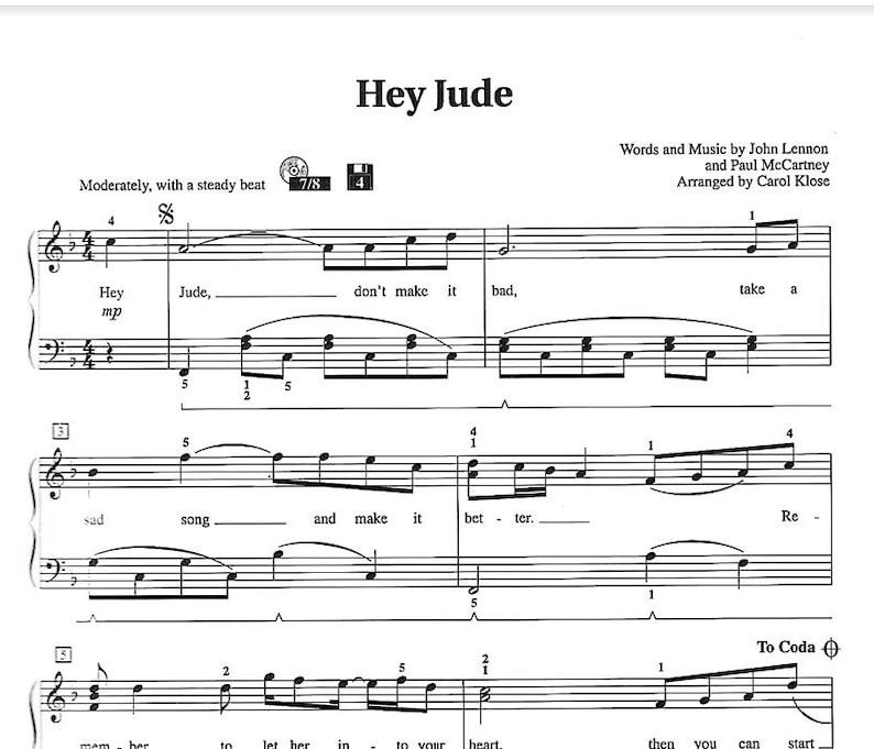 Hey Jude (beatles) Piano Sheet Music Score Grade 3 Education Version - Etsy