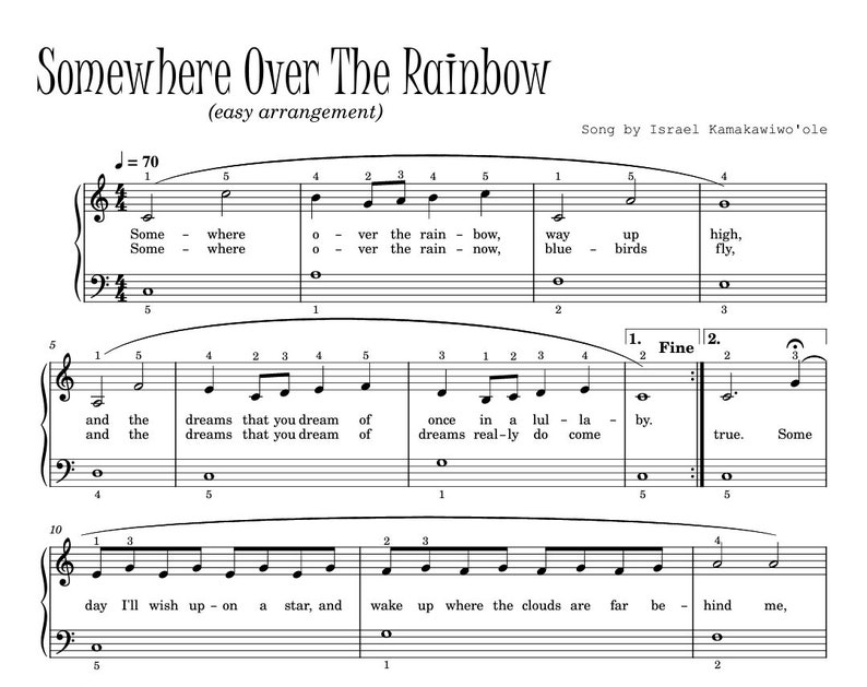Somewhere Over the Rainbow Easy Piano Self Learning Series With Note ...