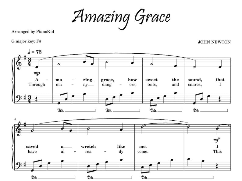 Amazing Grace | Grade 1 Piano G Major Key Lyrics Hymn Church Easy - Etsy