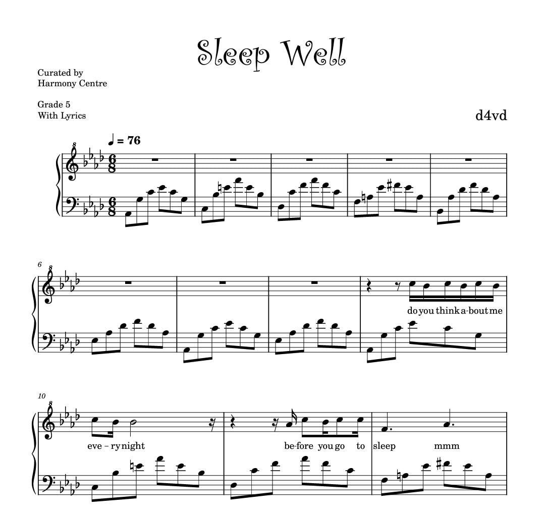 Sleep Well D4vd | Piano Sheet Music Score With Note Names Lyrics - Etsy