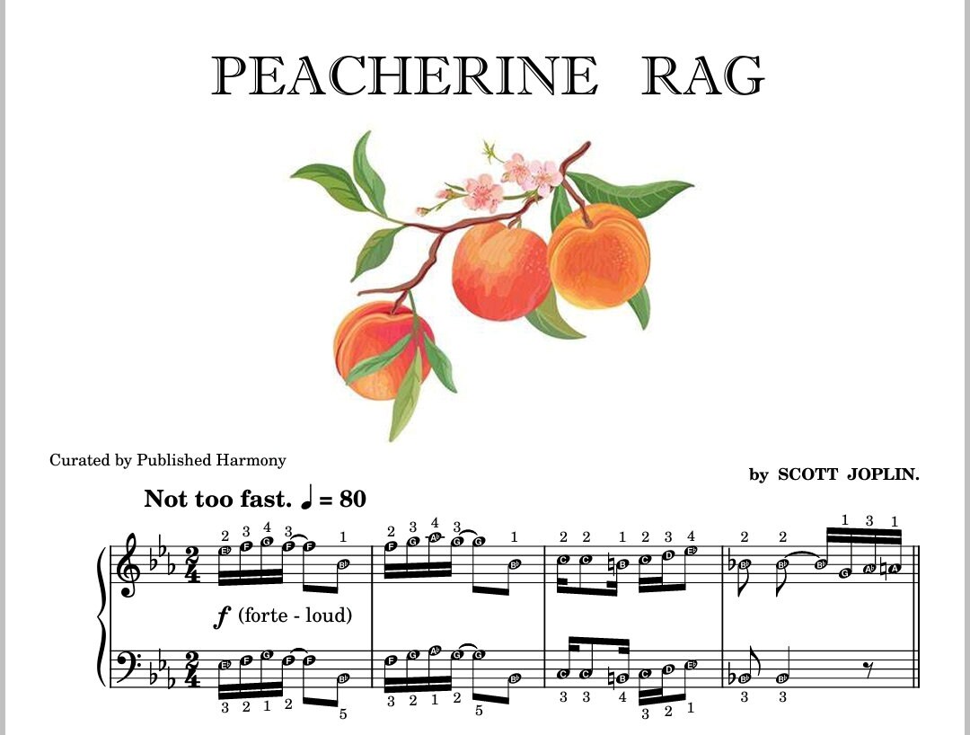 PEACHERINE RAG Scott Joplin Piano Sheet Music Score With Note Names ...