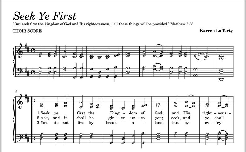 Seek Ye First | Piano Choir Chords SATB Music Sheets With Note Names - Etsy