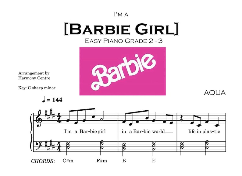 Barbie Girl | Piano Sheet Music Score With Note Names Grade 2. - Etsy