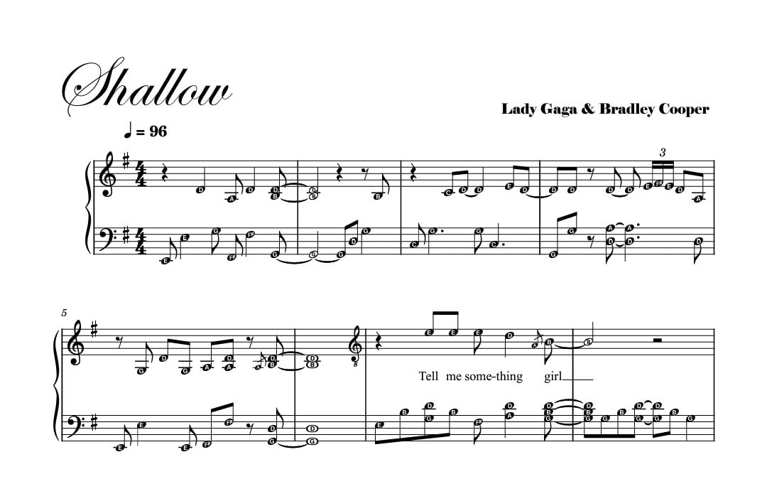 Shallow Lady Gaga & Bradley Cooper Piano Sheet Music Score With Note ...