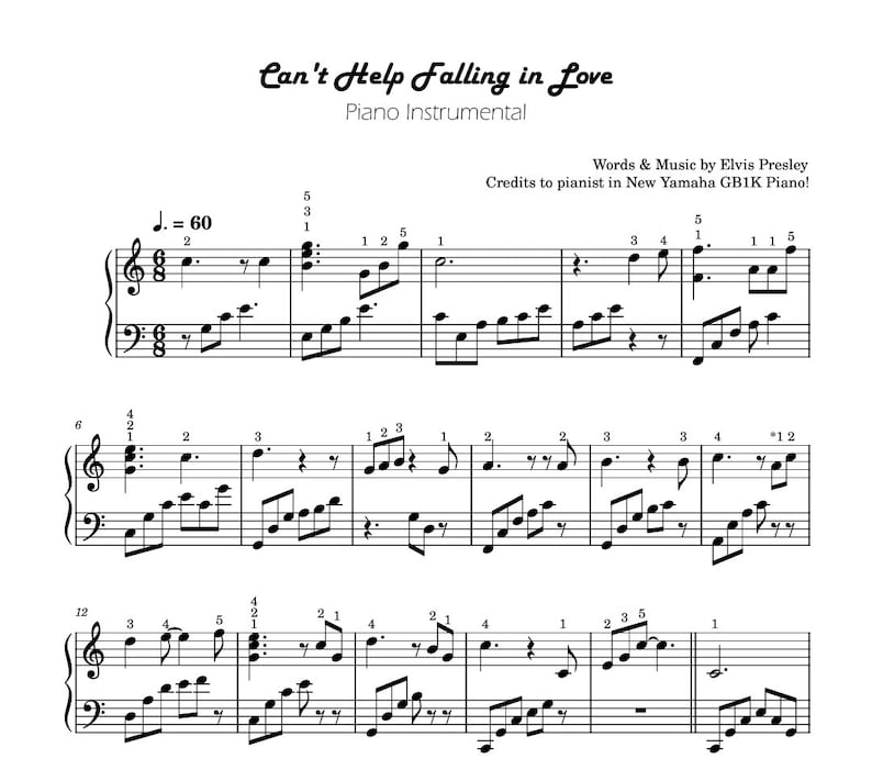 Can't Help Falling in Love | Piano Sheet Music Score With Note Names ...