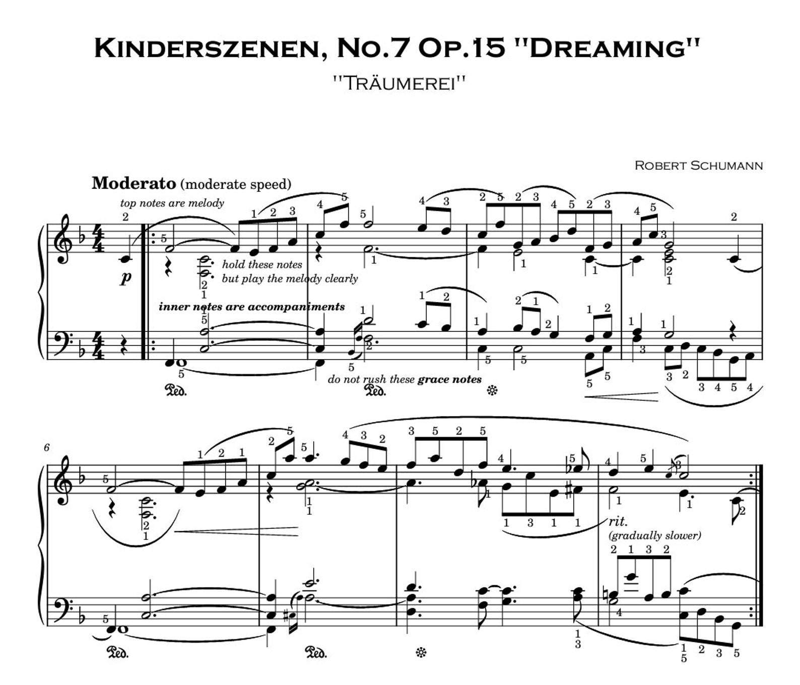Traumerei - Schumann | Piano Sheet Music Score With Note Names & Finger ...