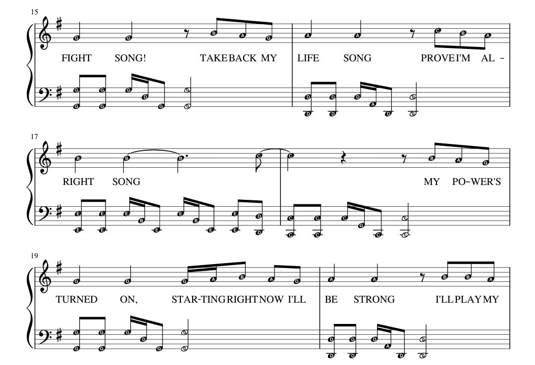 Fight Song | Intermediate Piano Sheet Music Score With Note Names ...