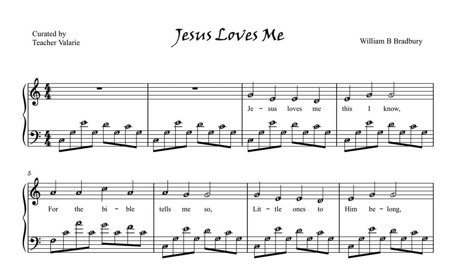 Jesus Loves Me | 3 Types Piano Sheet Music Score With Note Names Bundle ...