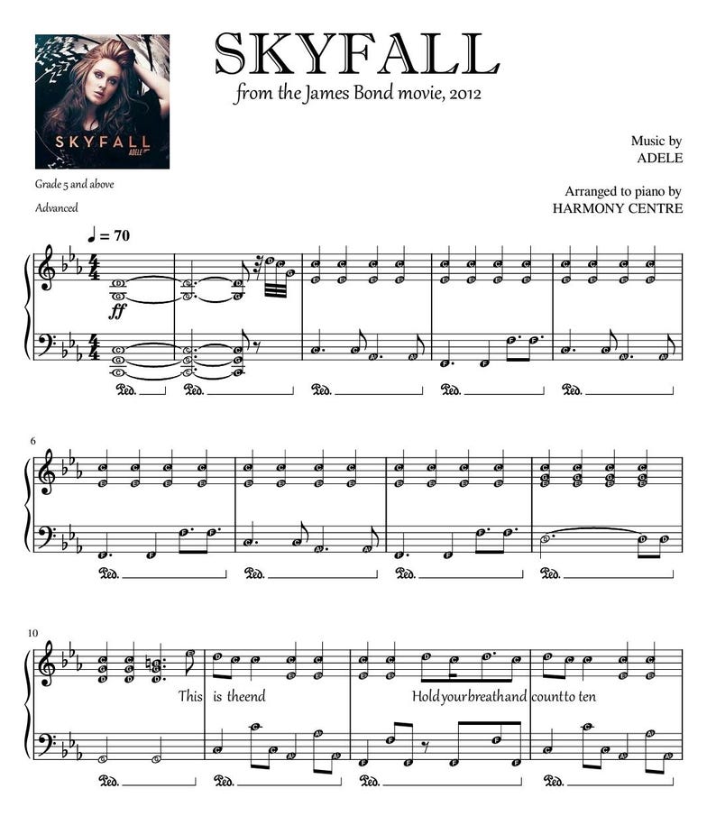 Skyfall James Bond 2012 Piano Sheet Music Score With Note Names G5 - Etsy