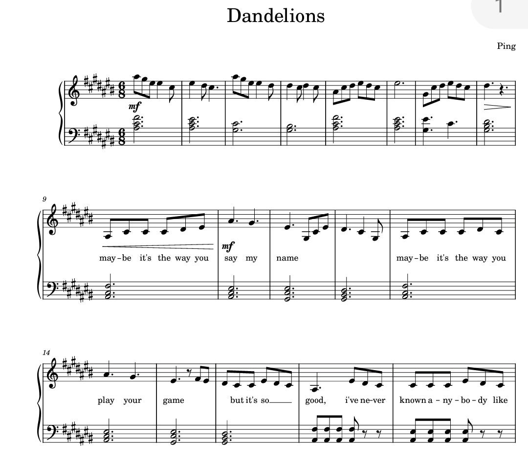 DANDELIONS | Easy Piano Sheet Music Score With Note Names | Ruth B ...
