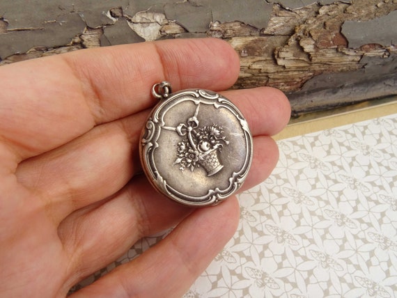 antique french silver plated art nouveau locket, mour… - Gem