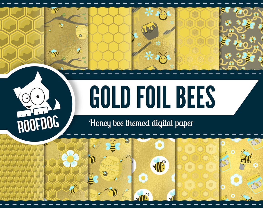 Honey Bee Gold Foil Digital Paper Busy Bee Digital Paper Bumble Bee ...