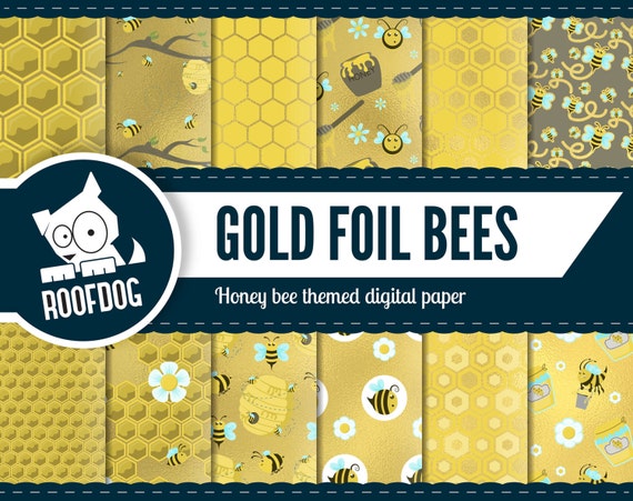 Honey bee gold foil digital paper | Busy bee digital paper | Bumble bee ...