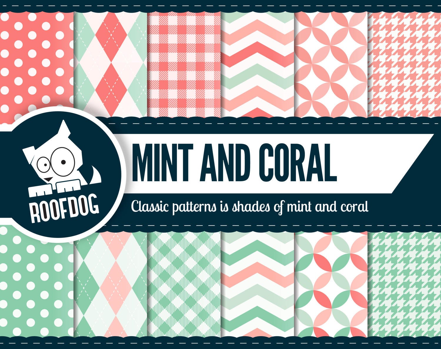 Mint and Coral Digital Paper Coral Argyle Brown - Etsy
