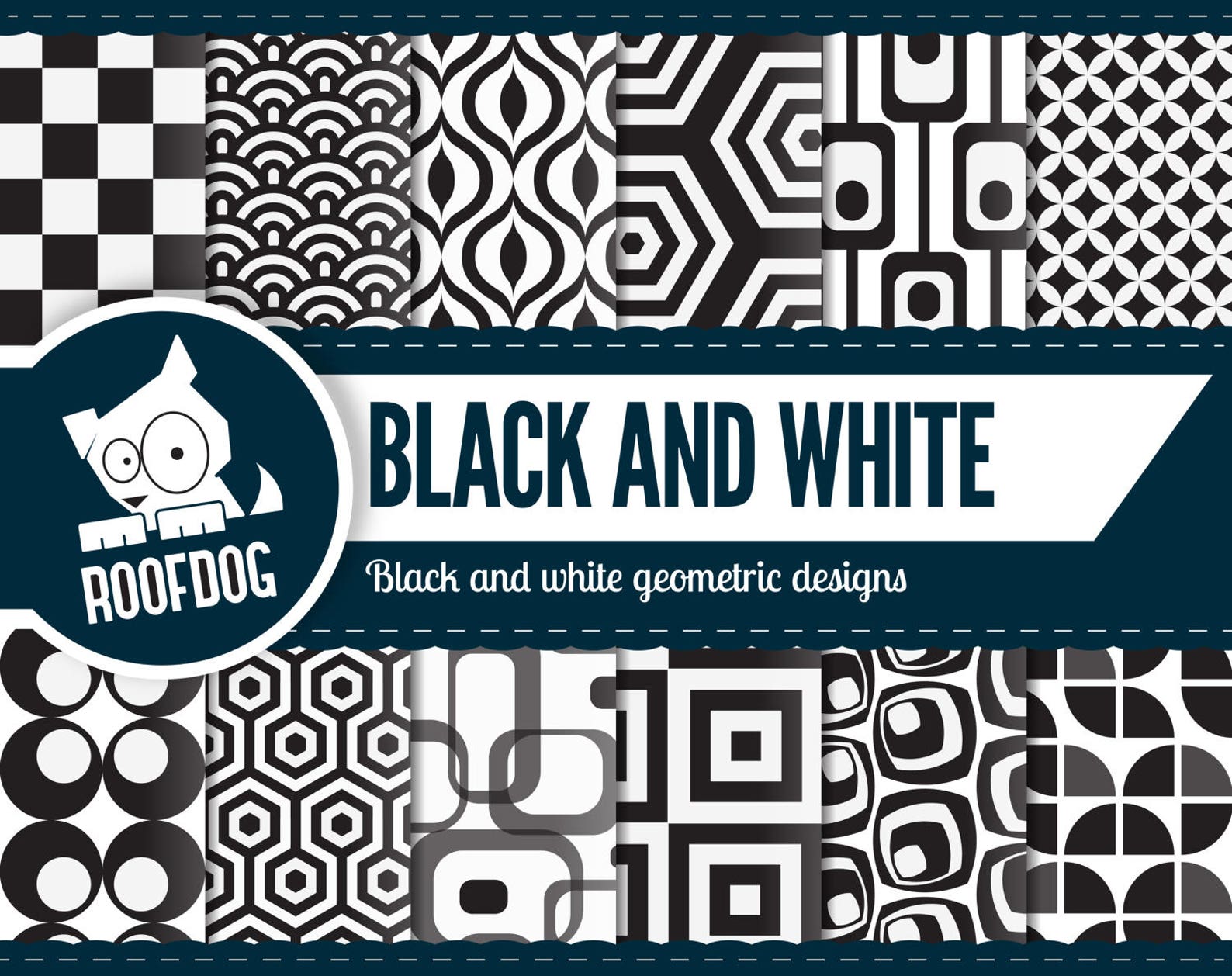 Black and White Digital Paper Bold Geometric Pattern 1950s 1960s 1970s ...