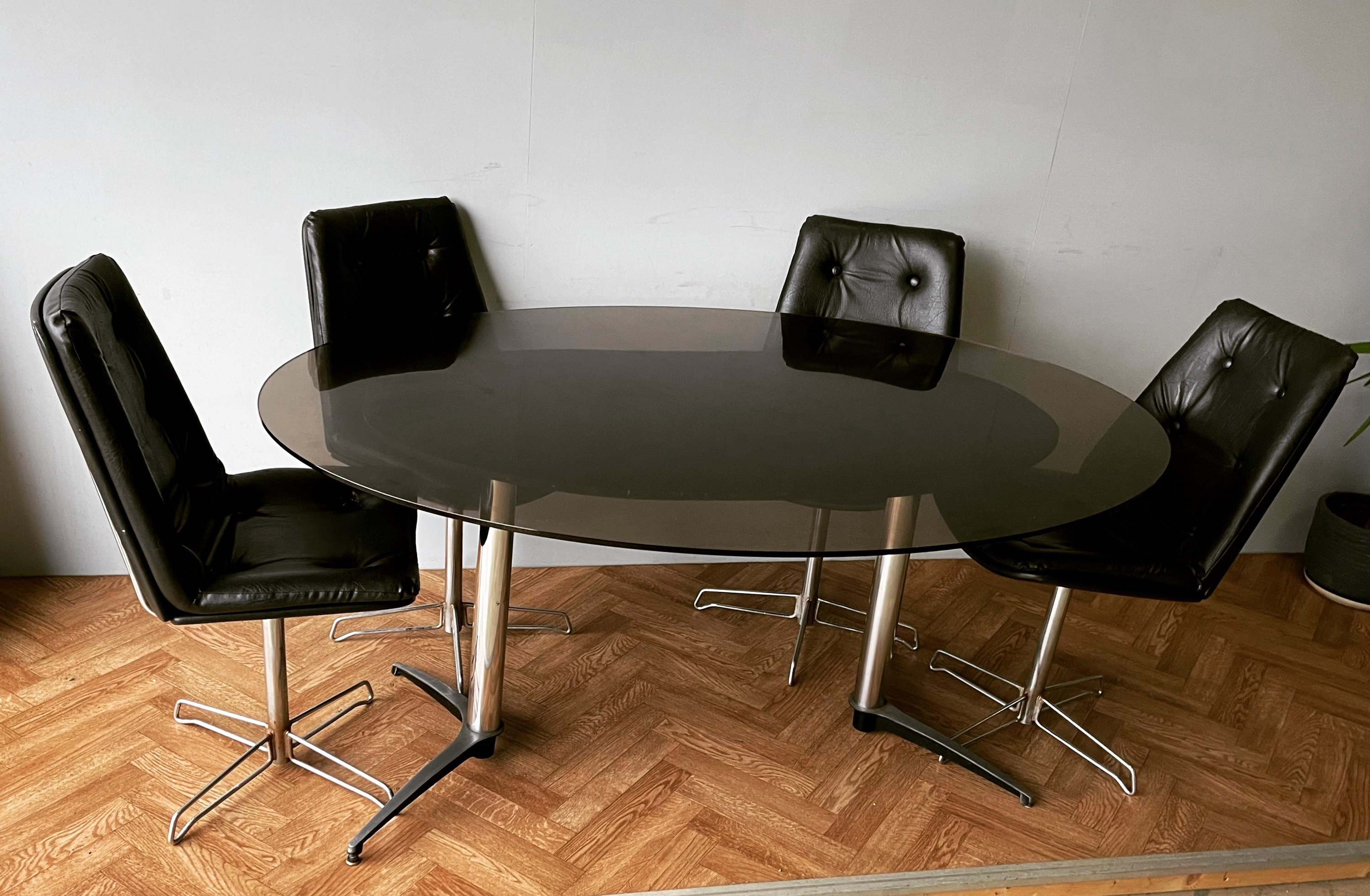 Vintage Smoked Glass Large Dining Table and 4 Matching Swivel Chairs ...