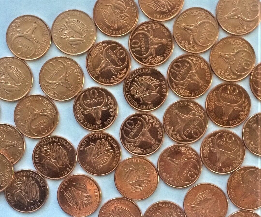 Horned Zebu Head & Vanilla Plant on Madagascar 10 Francs 2 Ariary Steel ...