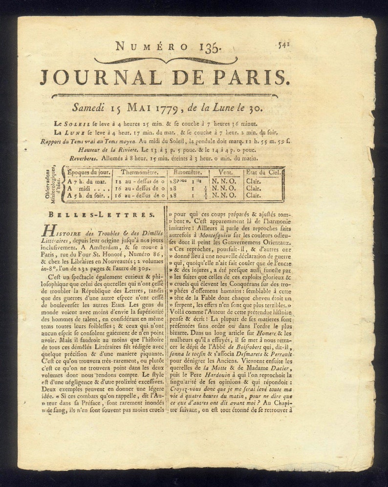 Genuine Historic 1779 French Newspaper - Journal De Paris - Significant ...